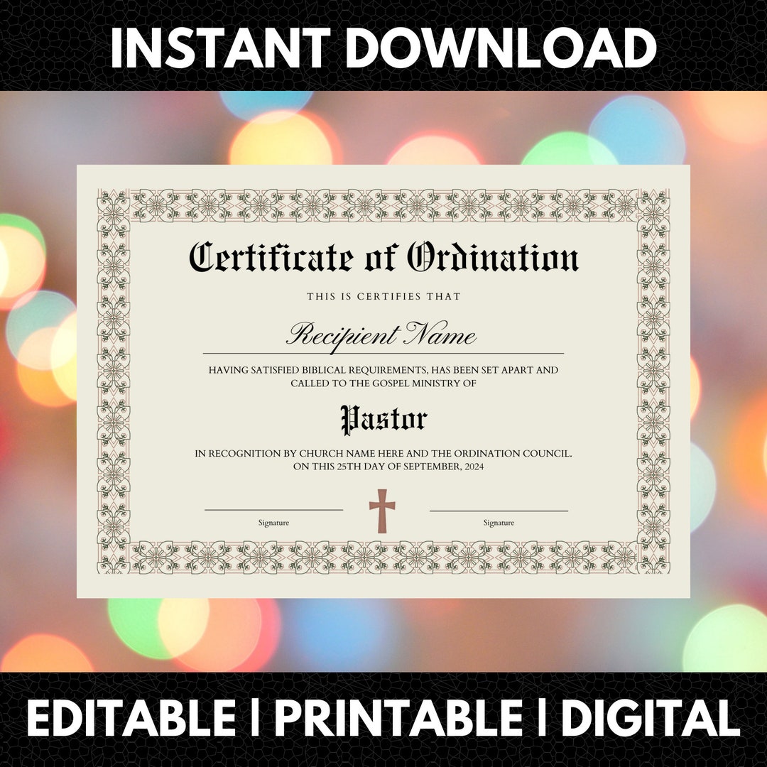 Editable Pastor Ordination Certificate Template (digital Download) - Etsy