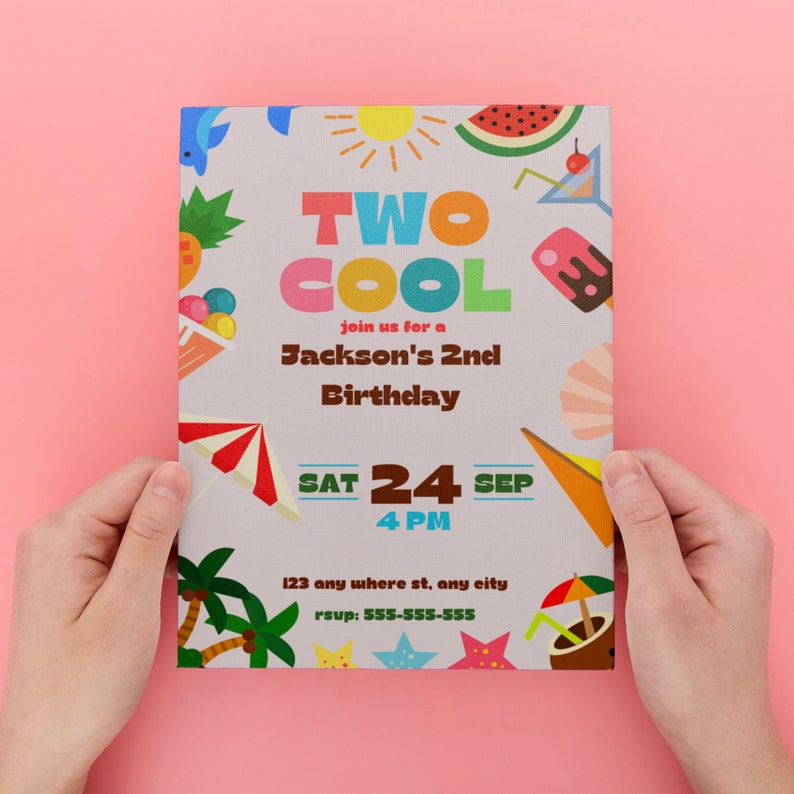 Editable Two Cool Birthday Party Invitation, Digital Two Cool Summer ...