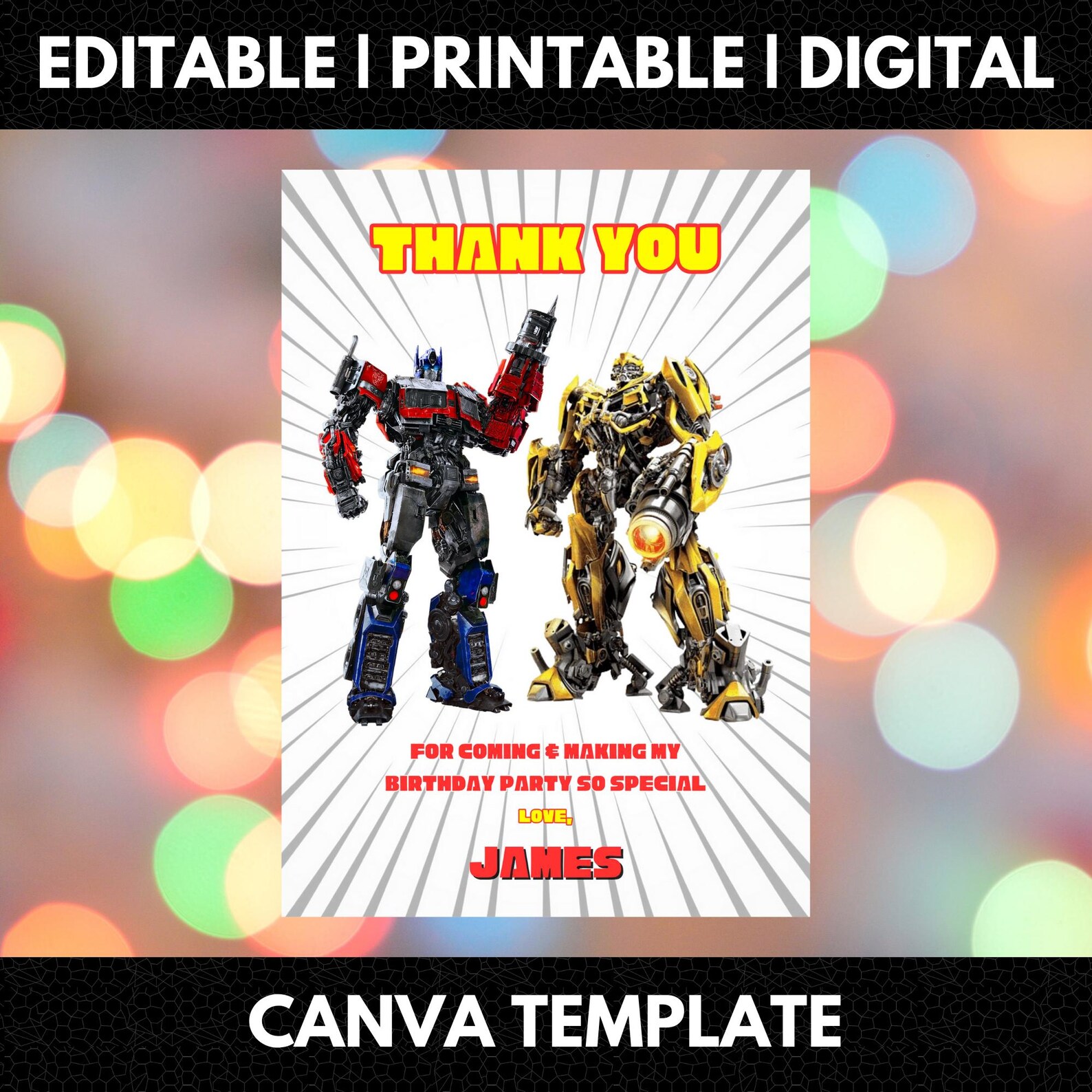 Editable Rescue Bots Transformer Birthday Thank You Card Template ...