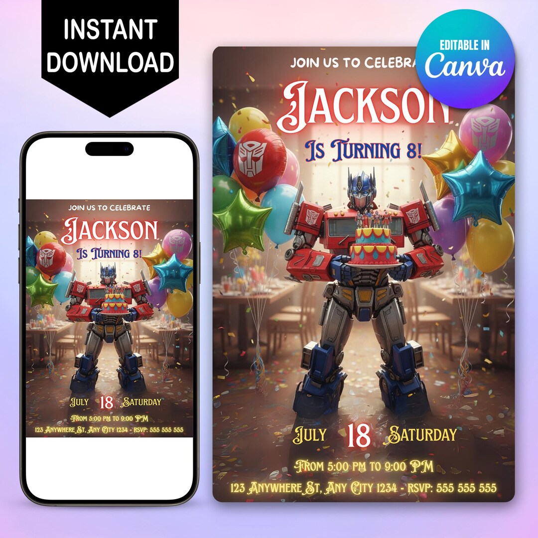 Optimus Prime Birthday Invitation: Transformers Party, Editable Canva ...