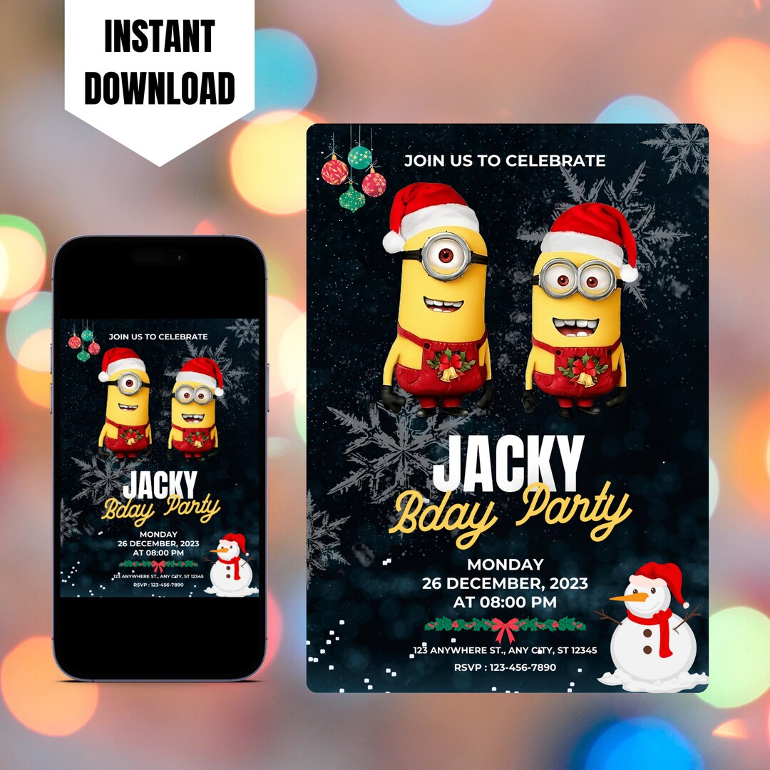 Editable Minion Birthday Invitation, Printable Minion Christmas Invite ...