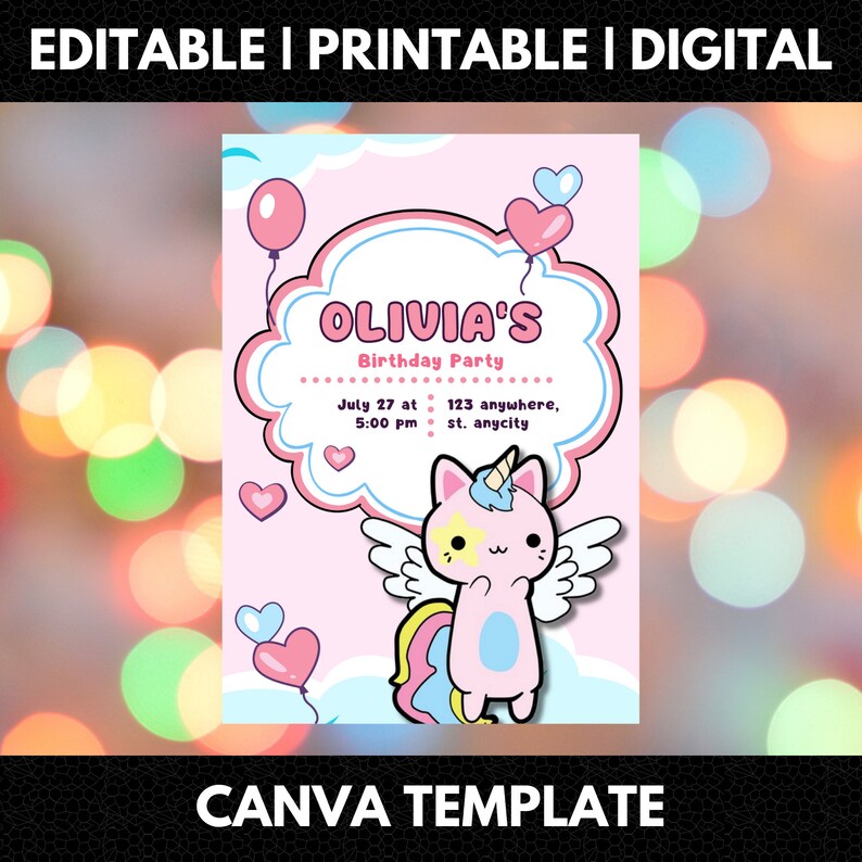 Editable Caticorn Invite, Printable Caticorn Birthday Party Invite ...