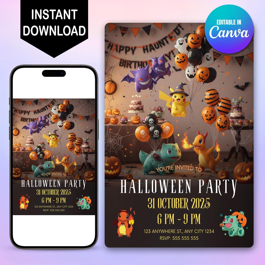 Pokemon Halloween Party Invitation, Editable Canva Template, Halloween ...