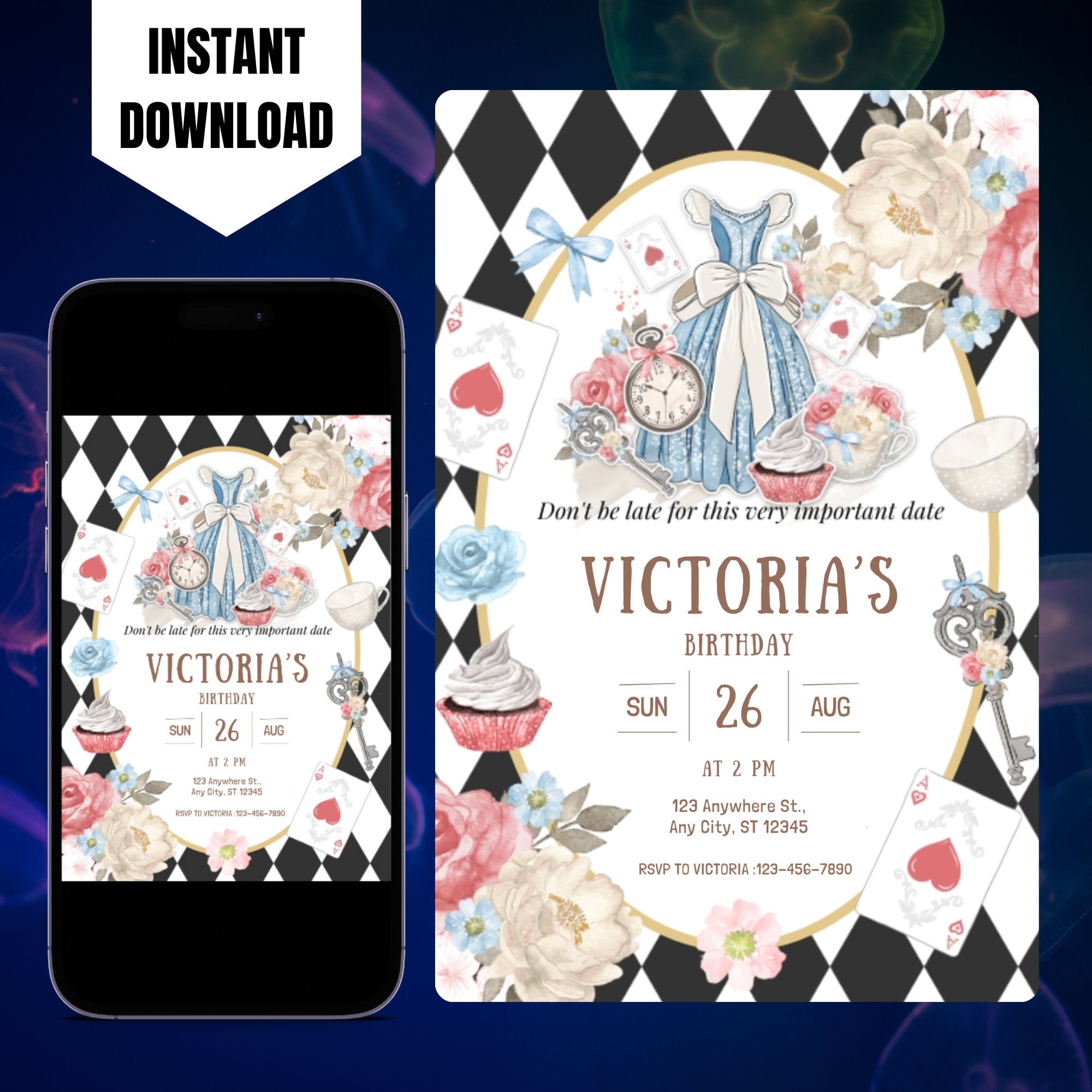 Editable Alice in Wonderland Birthday Invitation, Printable Template - Etsy