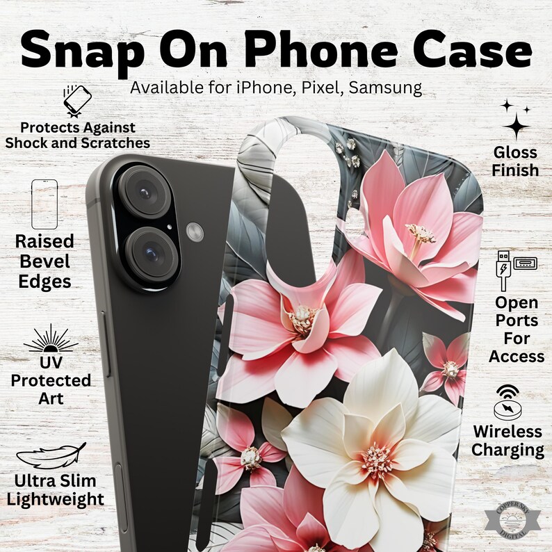 Pink and Grey Flowers Glossy Cell Phone Snap on Case Feminine Fabric ...