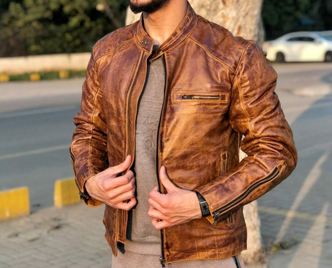 Men Leather Jacket for Men in Original Cowhide Leather Handmade Leather ...