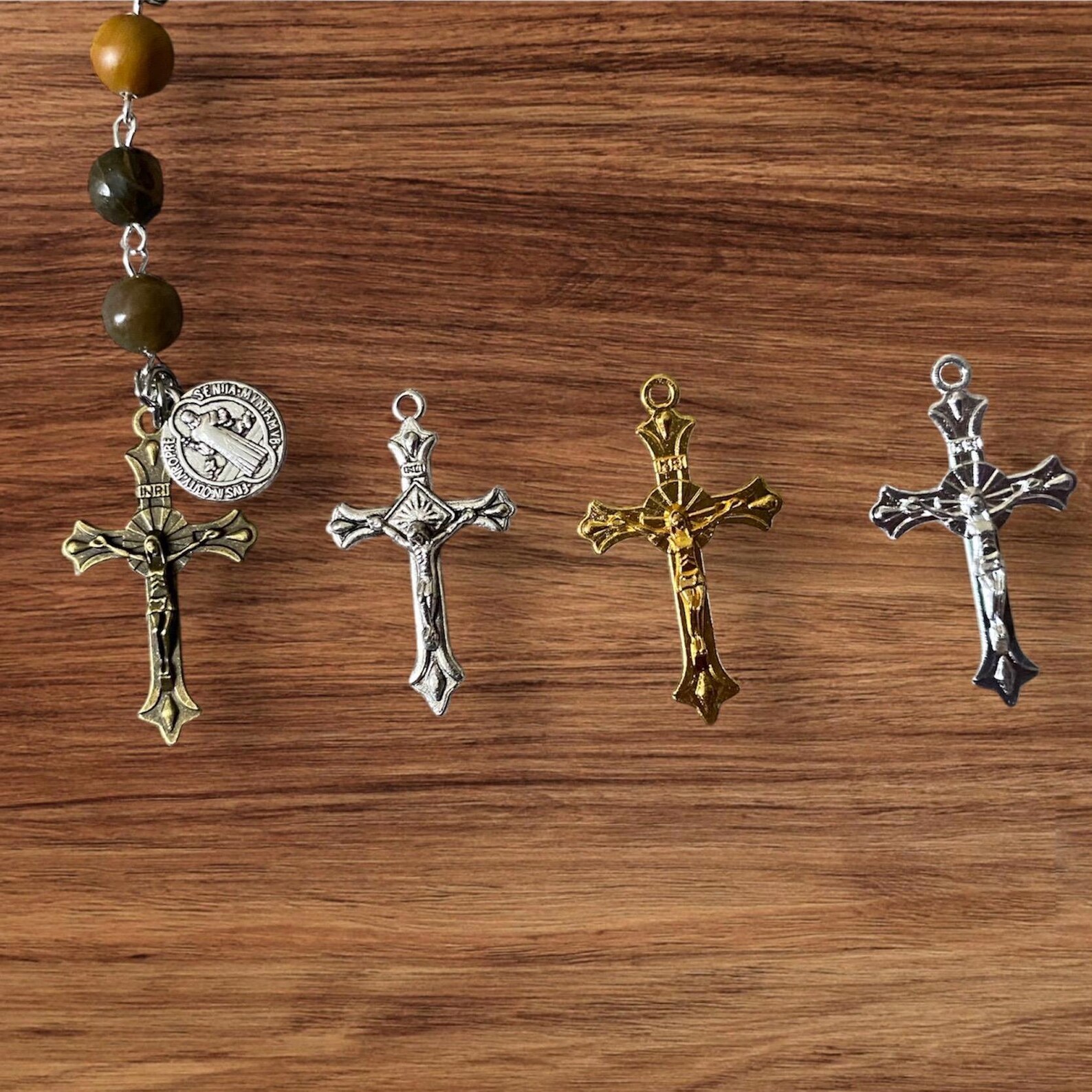 St Benedict Crucifix Keychain Natural Stone, 3-bead Chaplet, Catholic ...