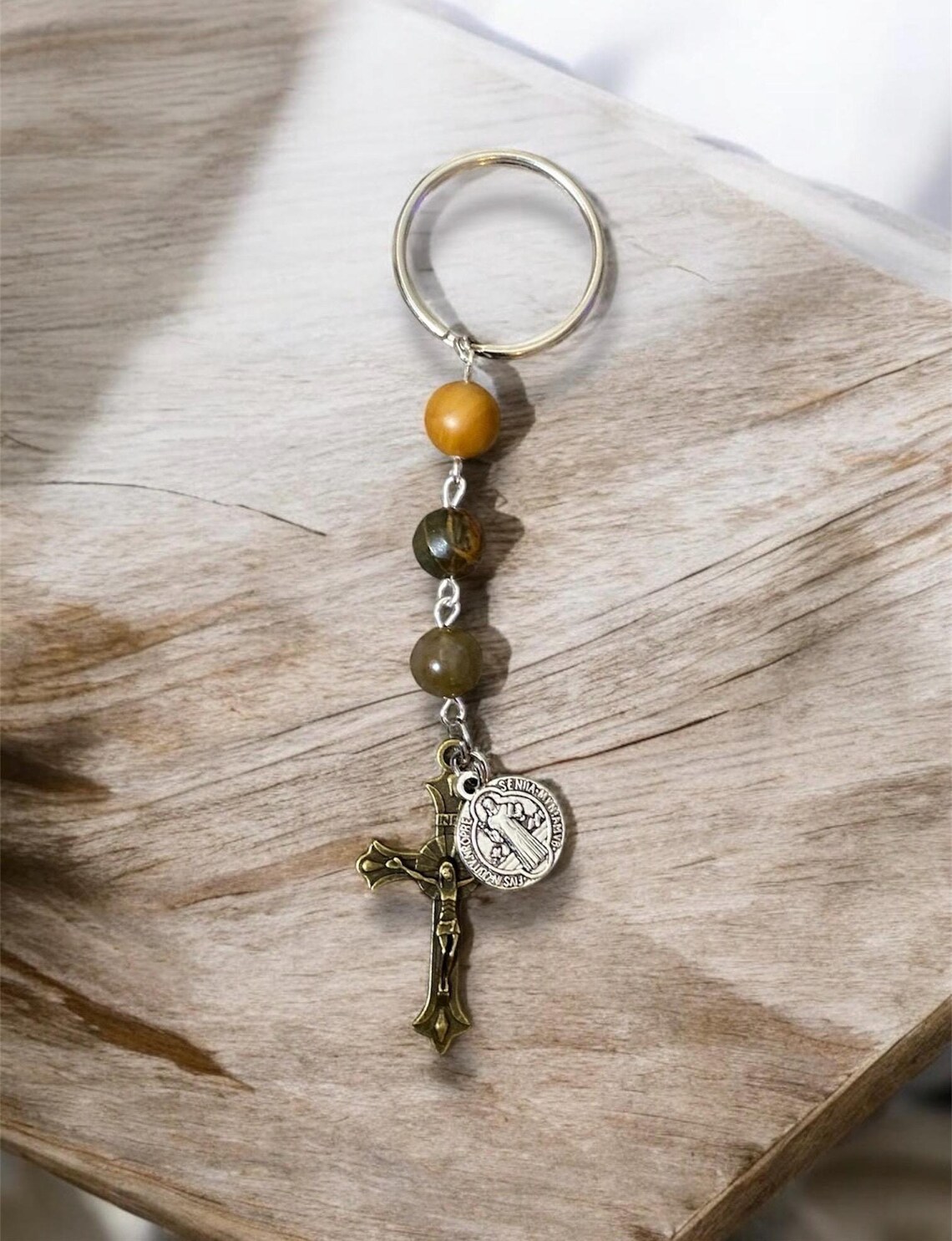 St Benedict Crucifix Keychain Natural Stone, 3-bead Chaplet, Catholic ...