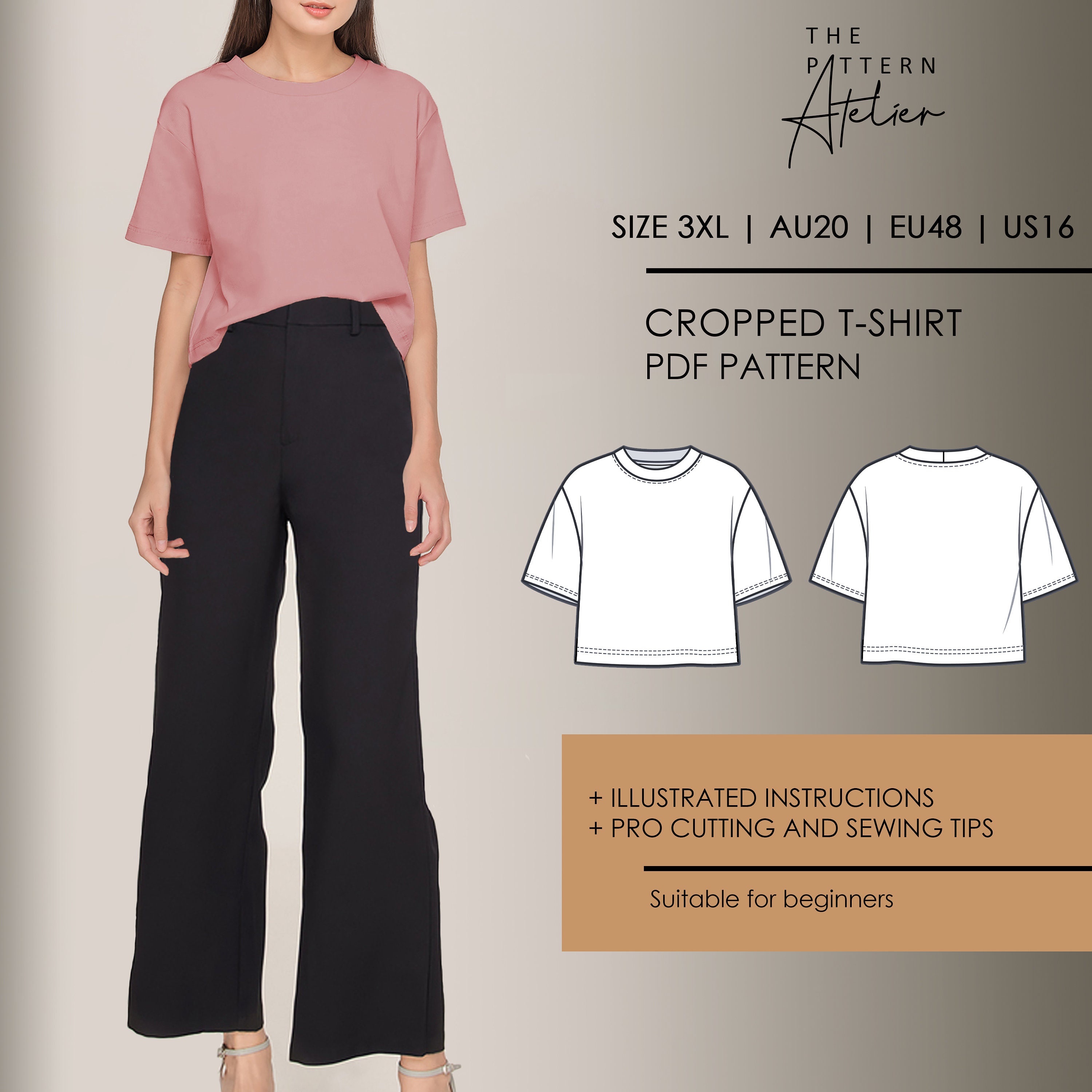 Cropped T-shirt PDF Digital Sewing Pattern [[ SIZE 3XL | AU20 | EU48 ...