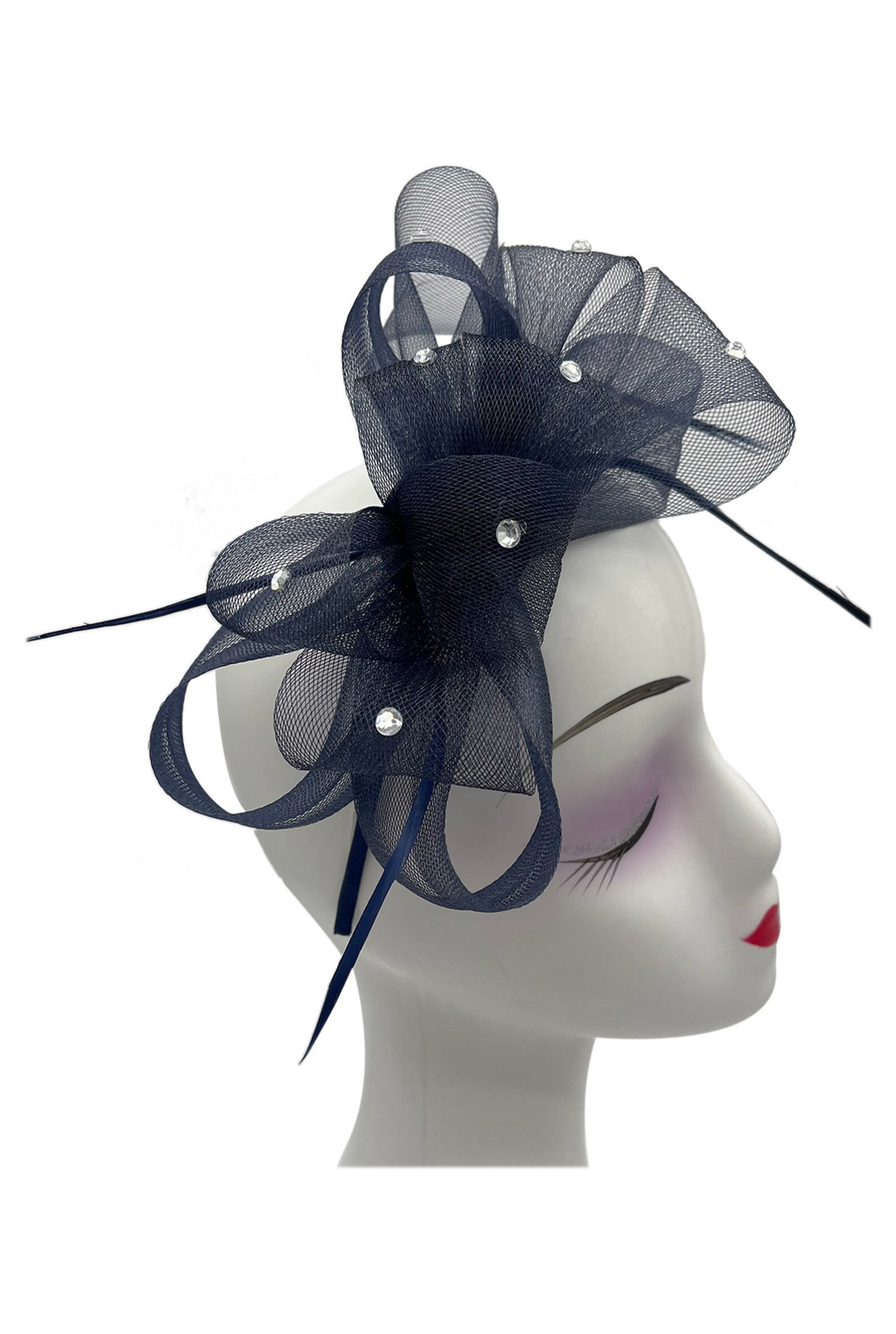 Navy Blue Fascinator Bow Shaped With Feathers With Headband and Clip ...