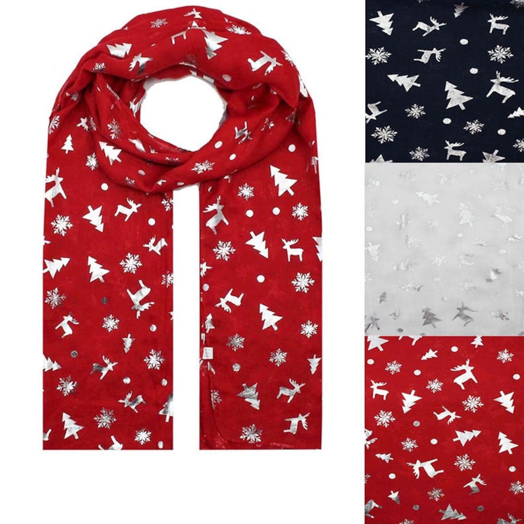 Christmas Scarf Women's Scarves Silver Foil Reindeer & Snowflakes Trees ...