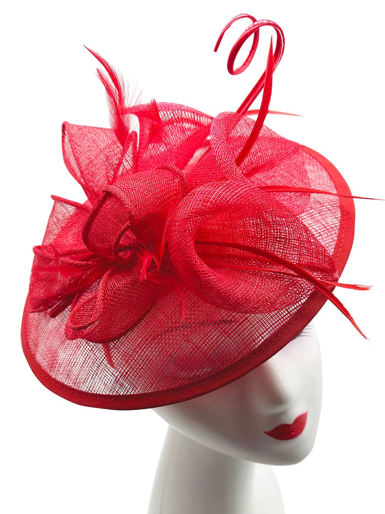 Red Fascinator Round With Headband and Clip Sinamay Made With Feathers ...