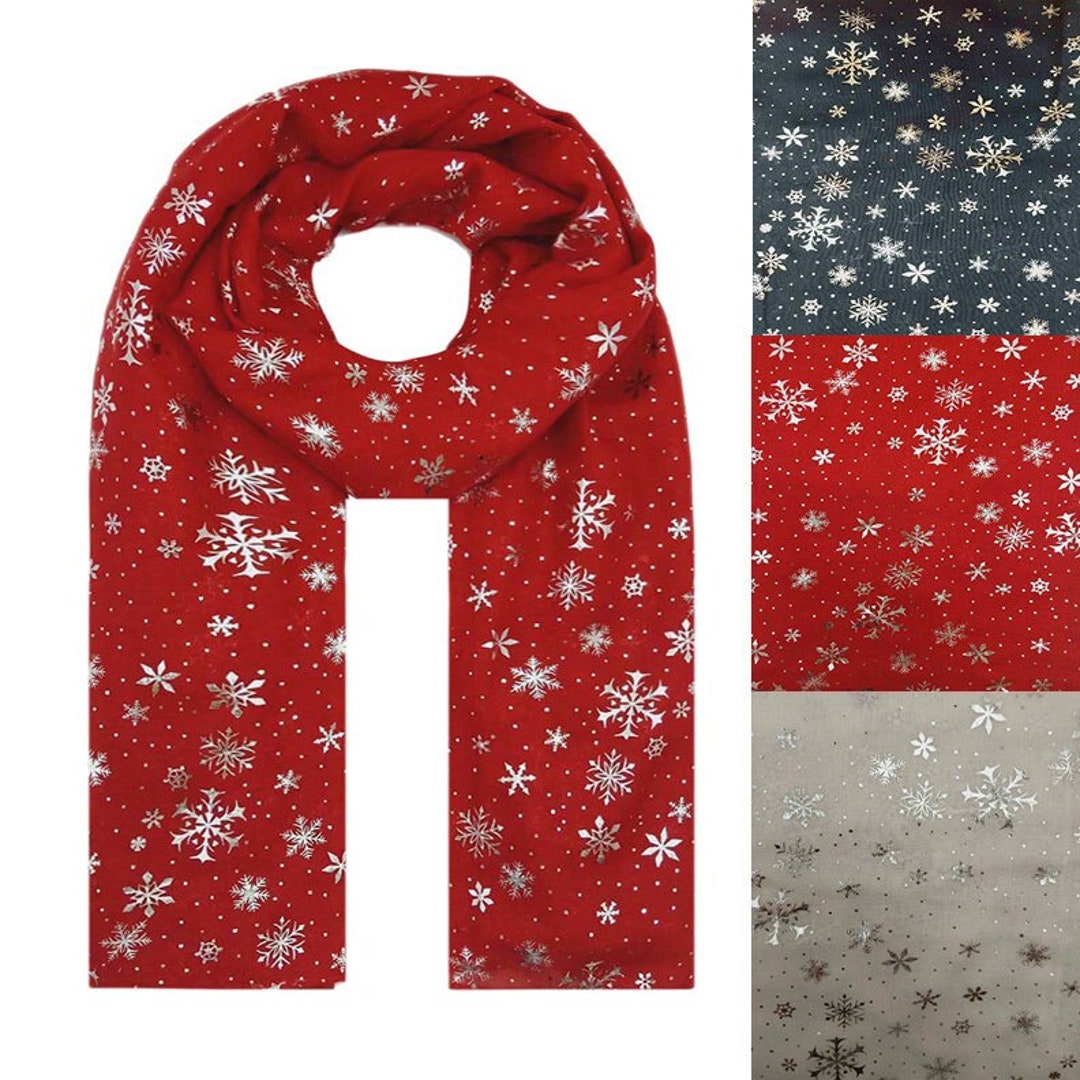 Women's Christmas Scarf Snowflake Silver Foil Print Soft Wrap Scarves ...