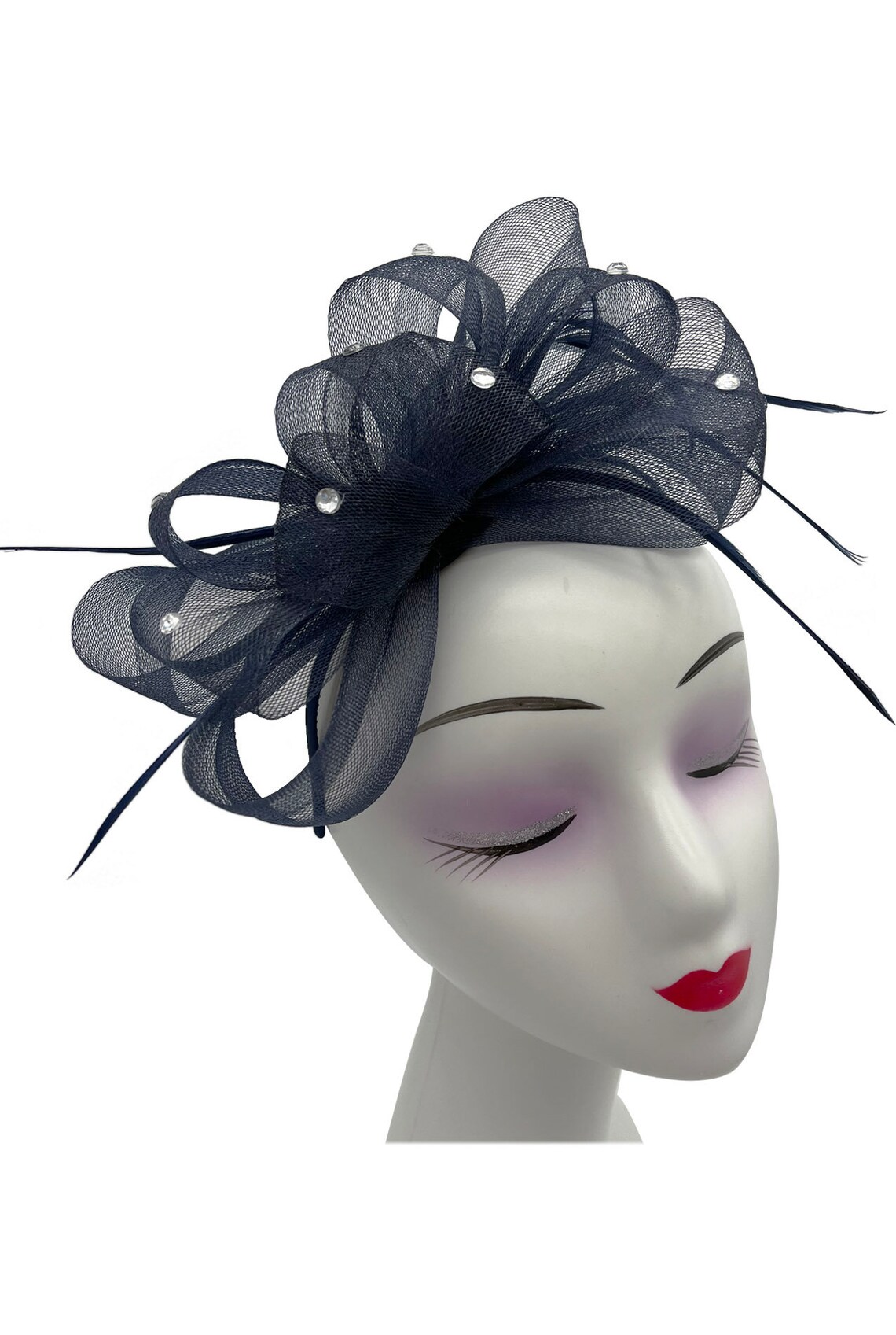 Navy Blue Fascinator Bow Shaped With Feathers With Headband and Clip ...