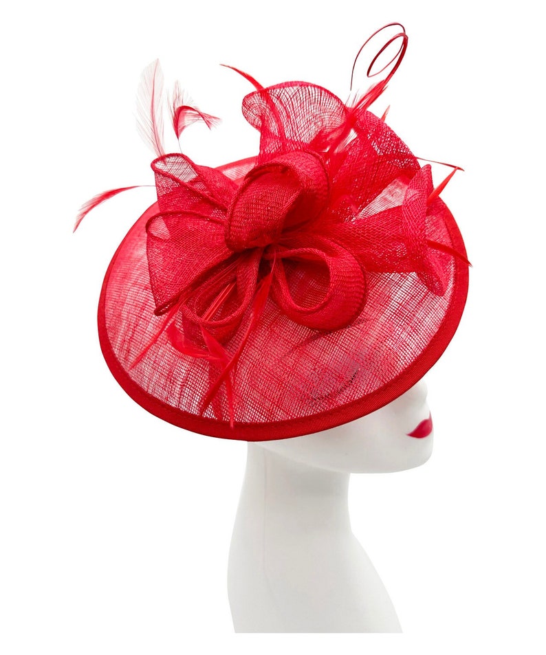 Red Fascinator Round With Headband and Clip Sinamay Made With Feathers & Flower Detailing ...
