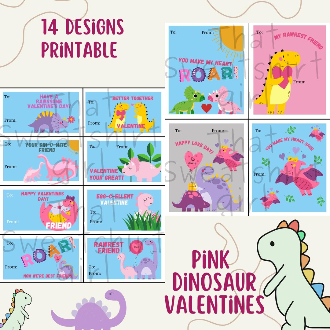 Dinosaur Valentine, Girl Dinosaur Valentine , Printable Valentine for ...