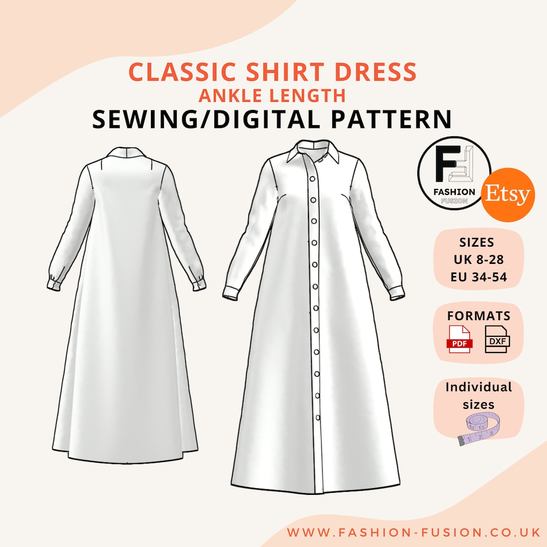 Classic Shirt Dress Sewing Patterns - Women's Size UK 8-28 - EU 34-54 ...