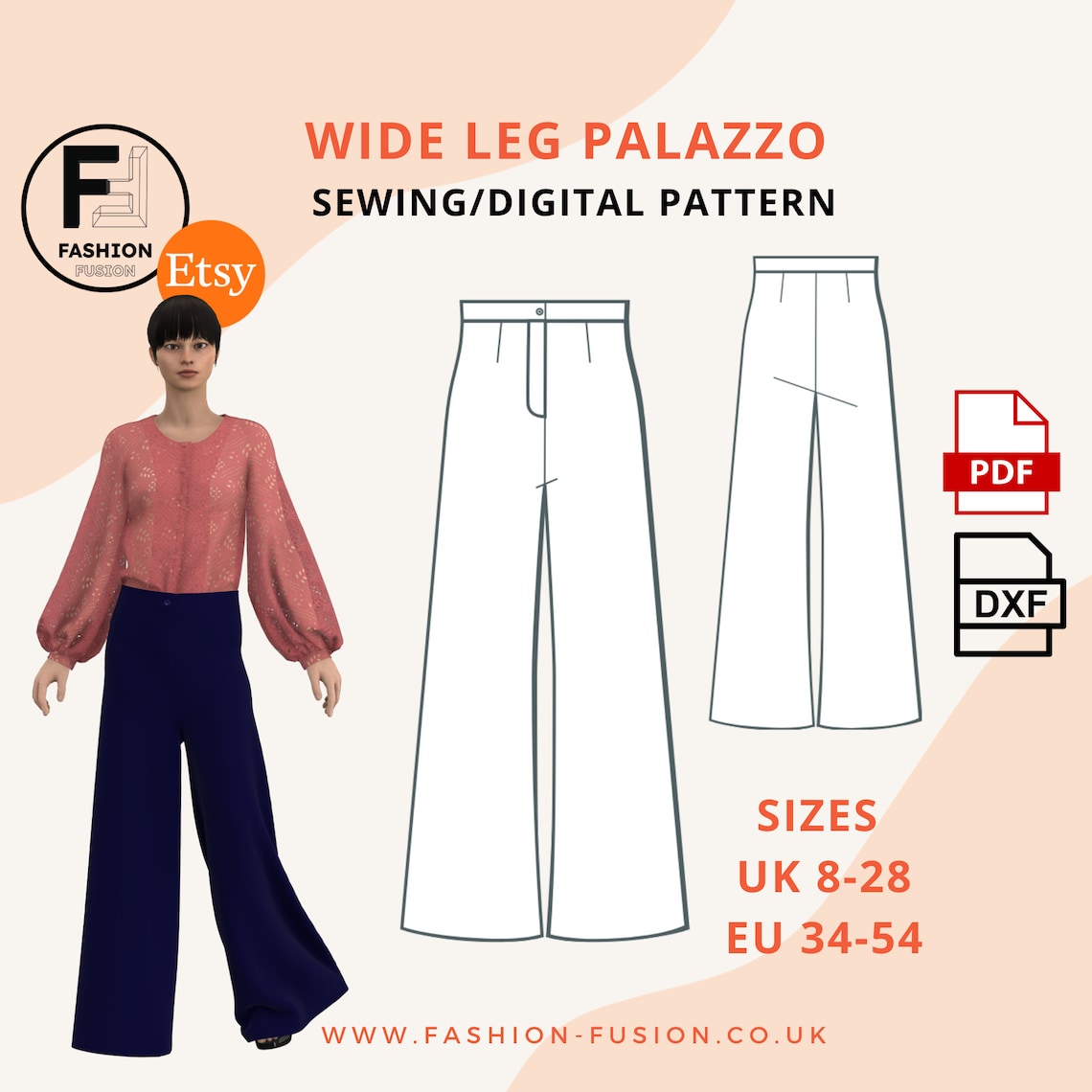 Wide Leg Palazzo Pant - PDF A4/A0 and DXF Digital Sewing Pattern ...