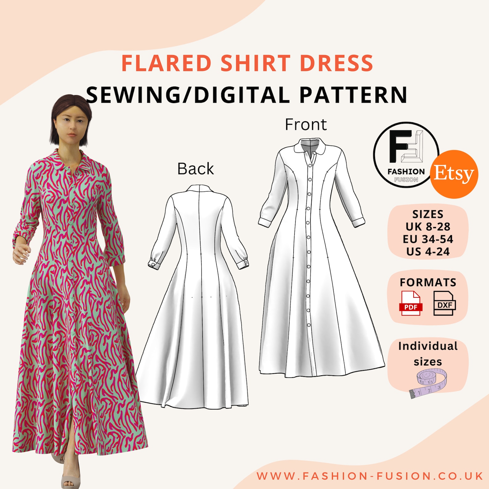 Flared Shirt Dress Sewing Pattern - Women's Size UK 8-28 EU 34-54 US 4 ...