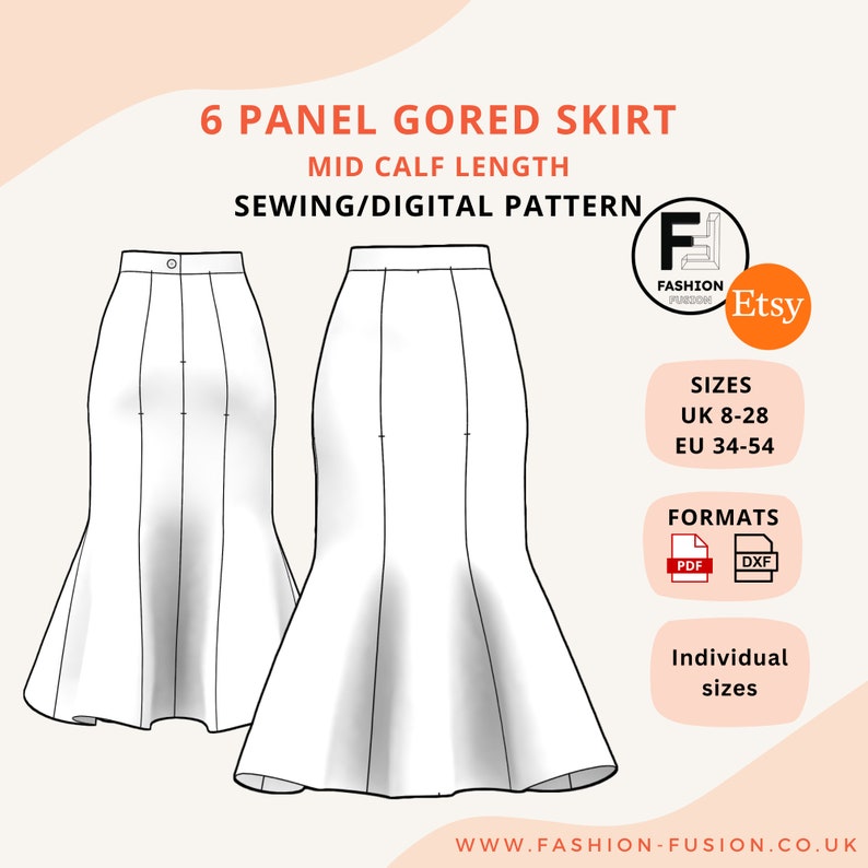 6-panel Gored Skirt Sewing Pattern, Mid Calf Length, Sizes UK 8-28 EU ...