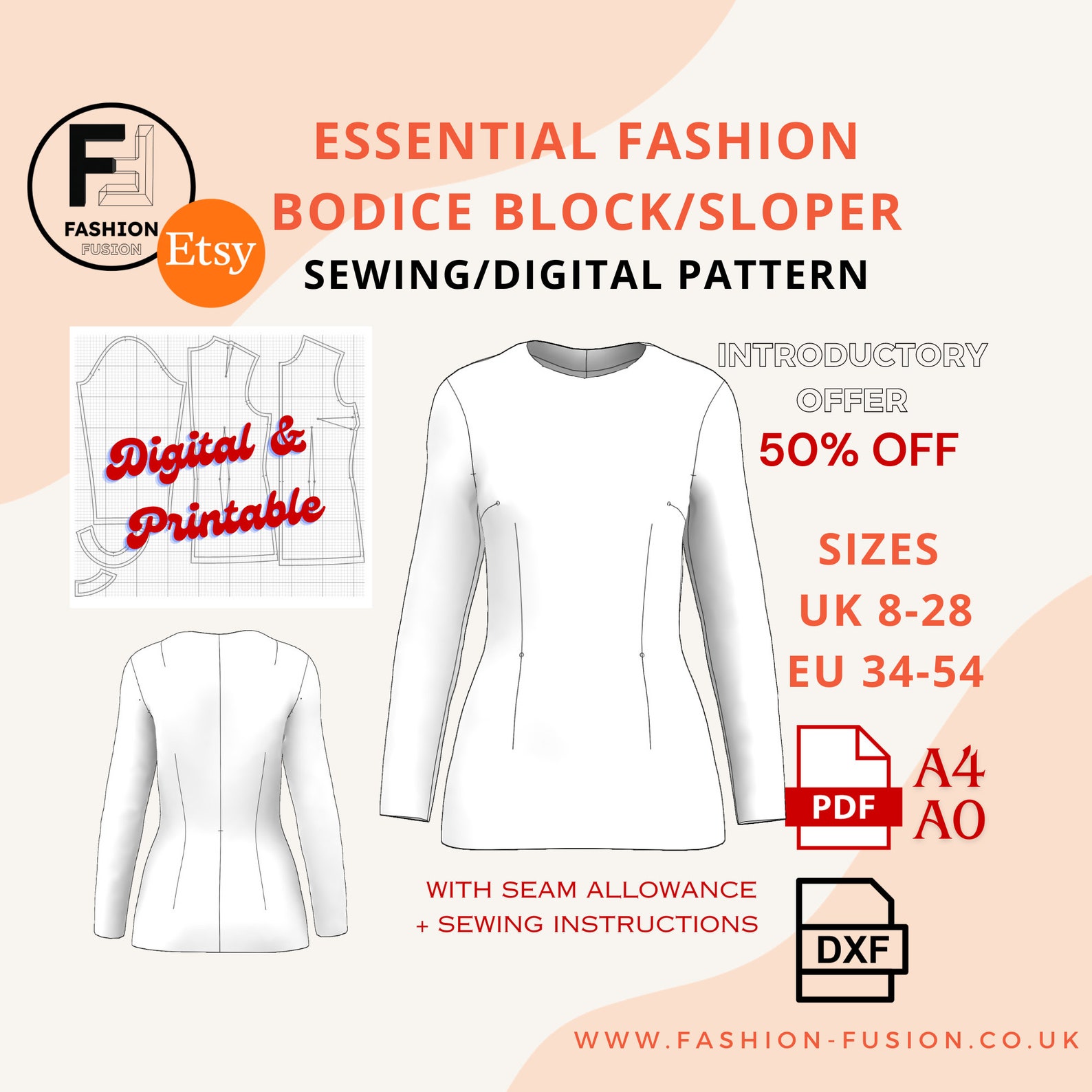 Basic Bodice Block/sloper, Printable PDF A4 & A0 Essential Fashion ...