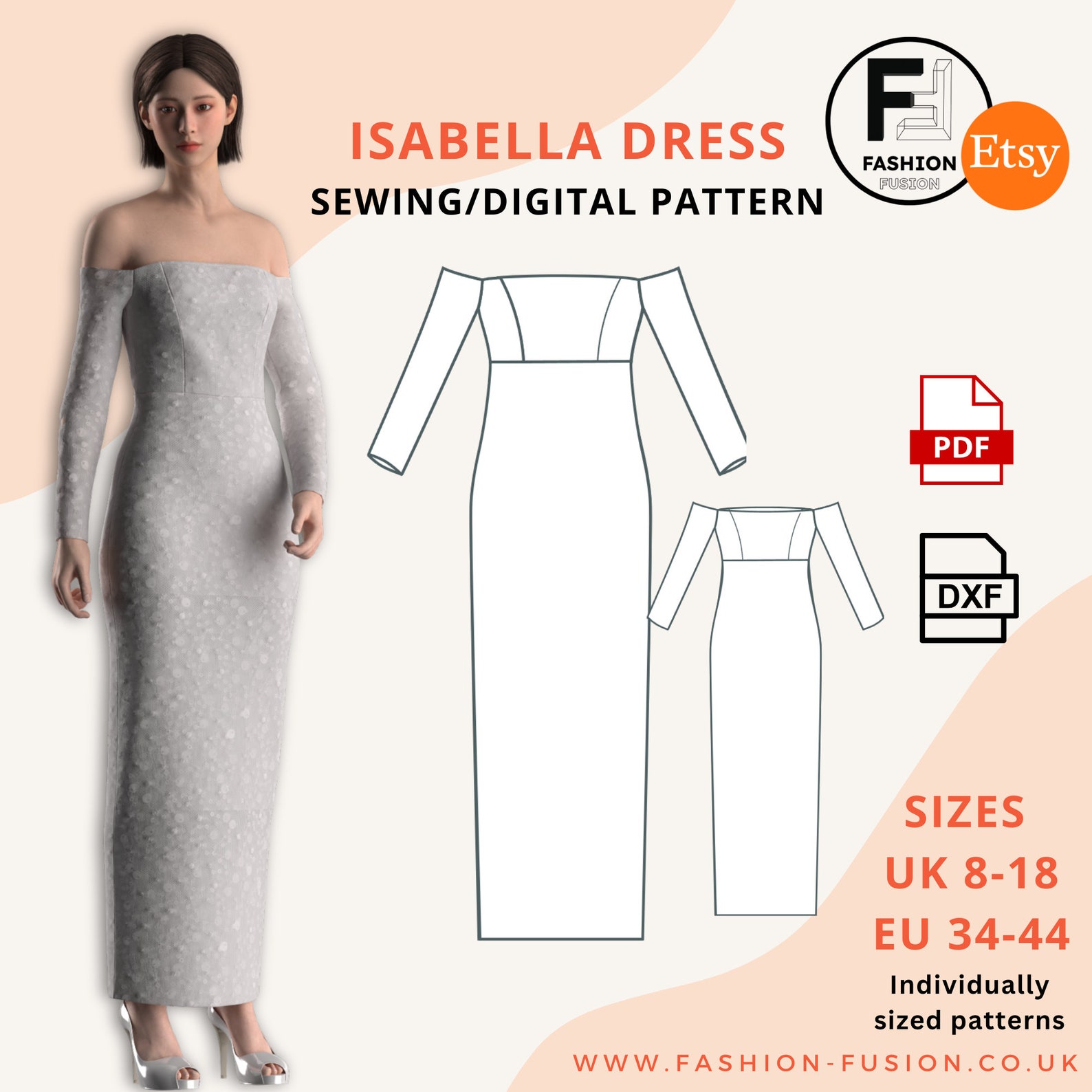 Isabella Dress - Sewing Pattern - Size UK 8-18 EU 34-44 Prom/wedding ...