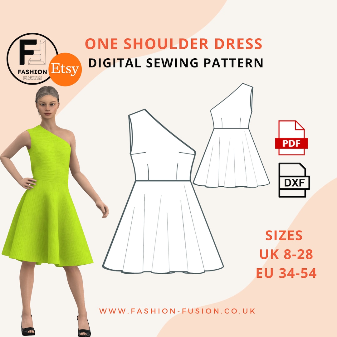 One-shoulder Party Dress Sewing Pattern - Sizes UK 8-28 / EU 34-54 ...