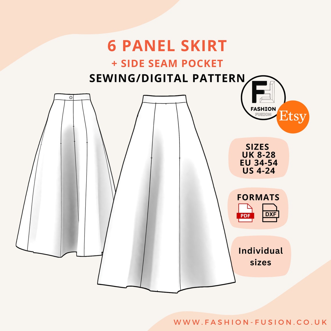 6 Panel Full Length Skirt Sewing Pattern, Sizes UK 8-28/EU 34-54/US 4 ...