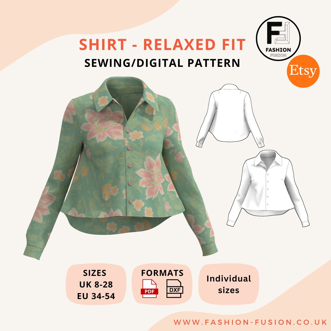 Shirt Sewing Pattern - Relax Fit Women's Size UK 8-28 EU 34-54, PDF A4 ...
