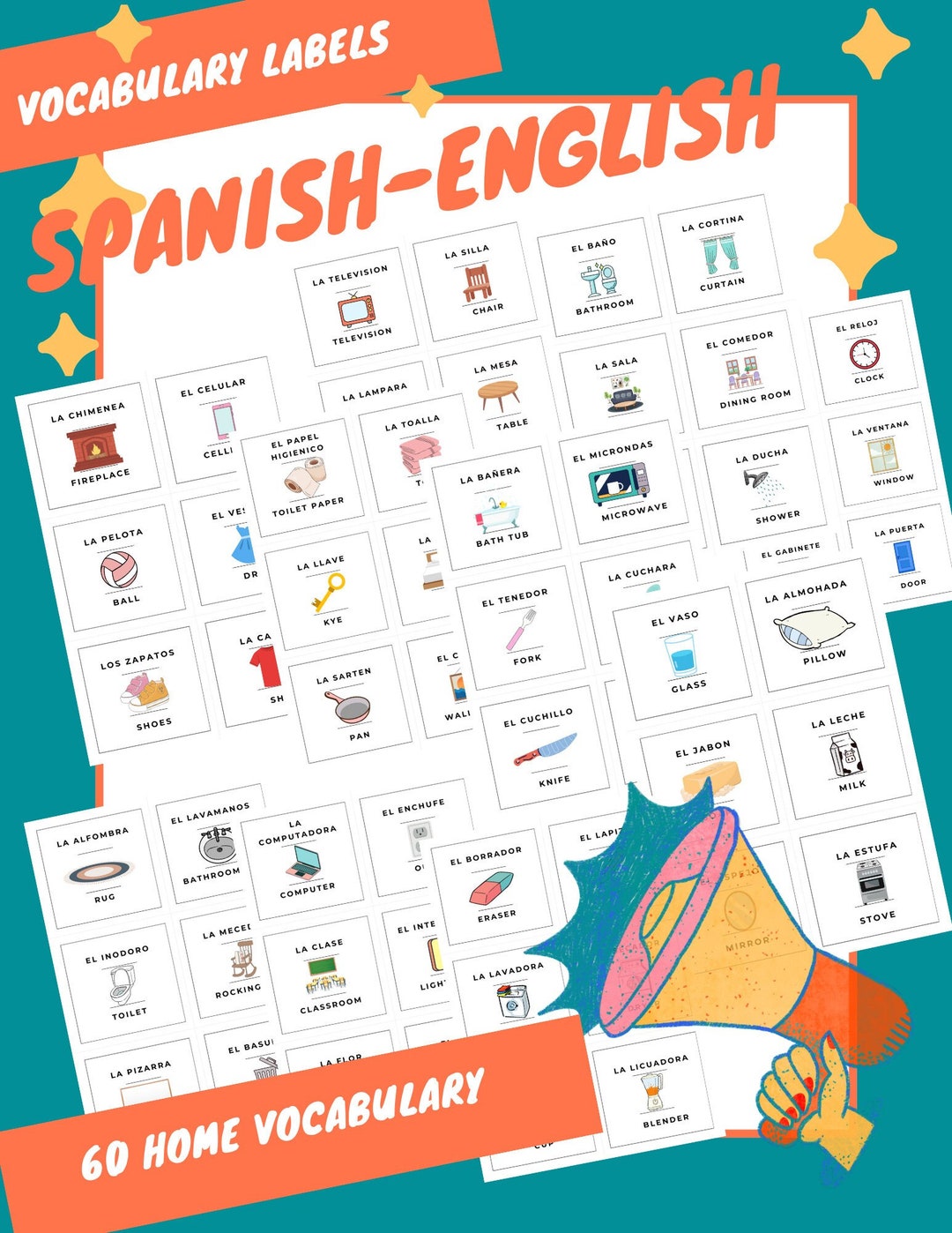 Vocabulary Home Labels Spanish-english 60 Words With Pictures - Etsy