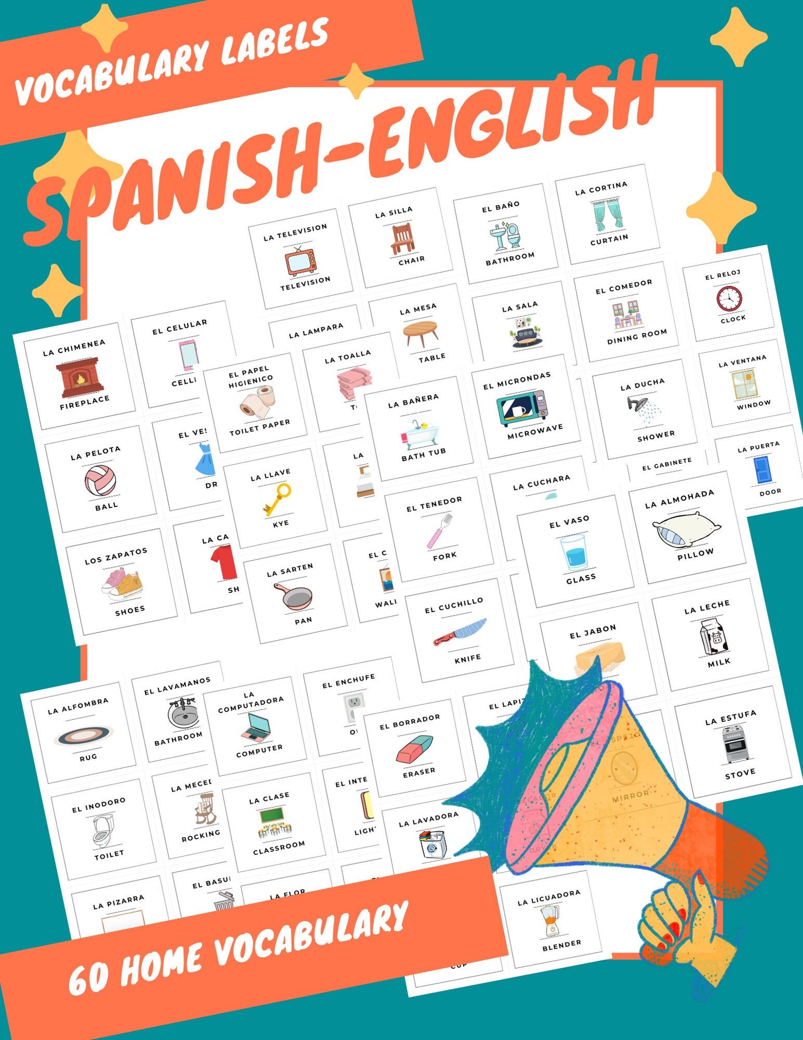 Vocabulary Home Labels Spanish-english 60 Words With Pictures - Etsy