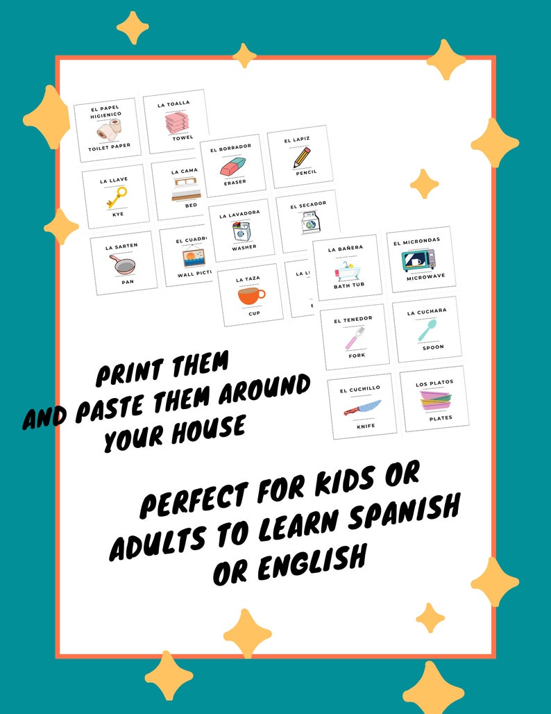 Vocabulary Home Labels Spanish-english 60 Words With Pictures - Etsy