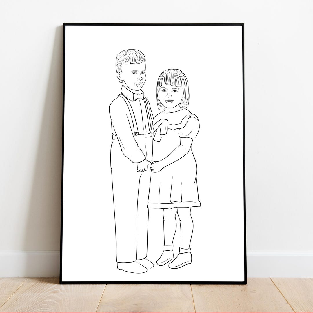 Custom Siblings Portrait | Personalized Kids Line Art Drawing ...