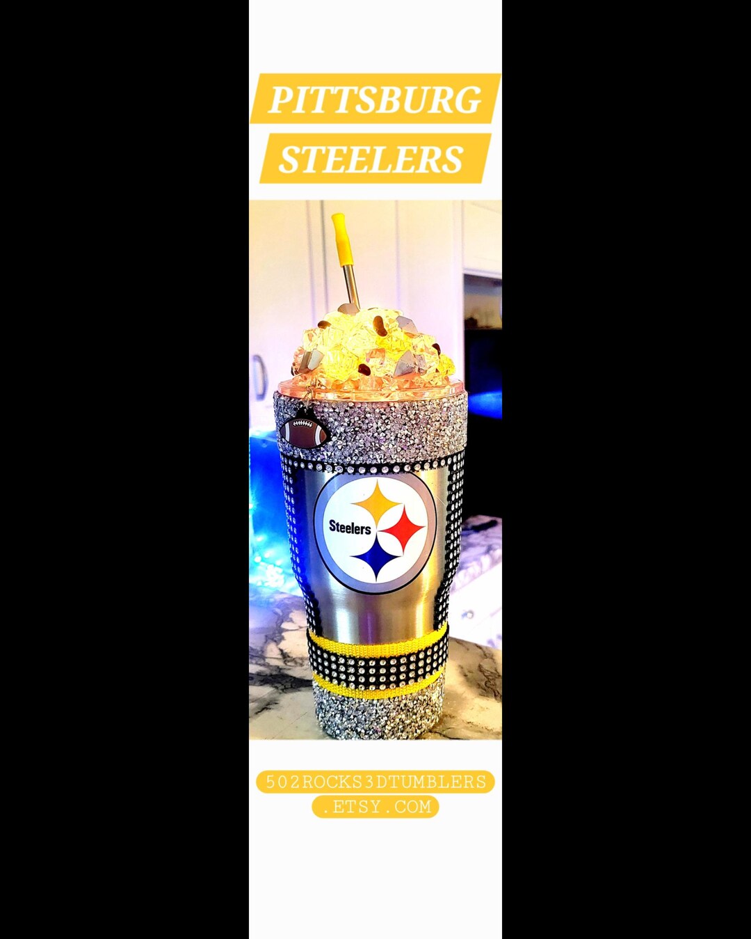 Pittsburgh Steelers Tumbler: Crushed Ice, LED Light, Bling Trim - Etsy