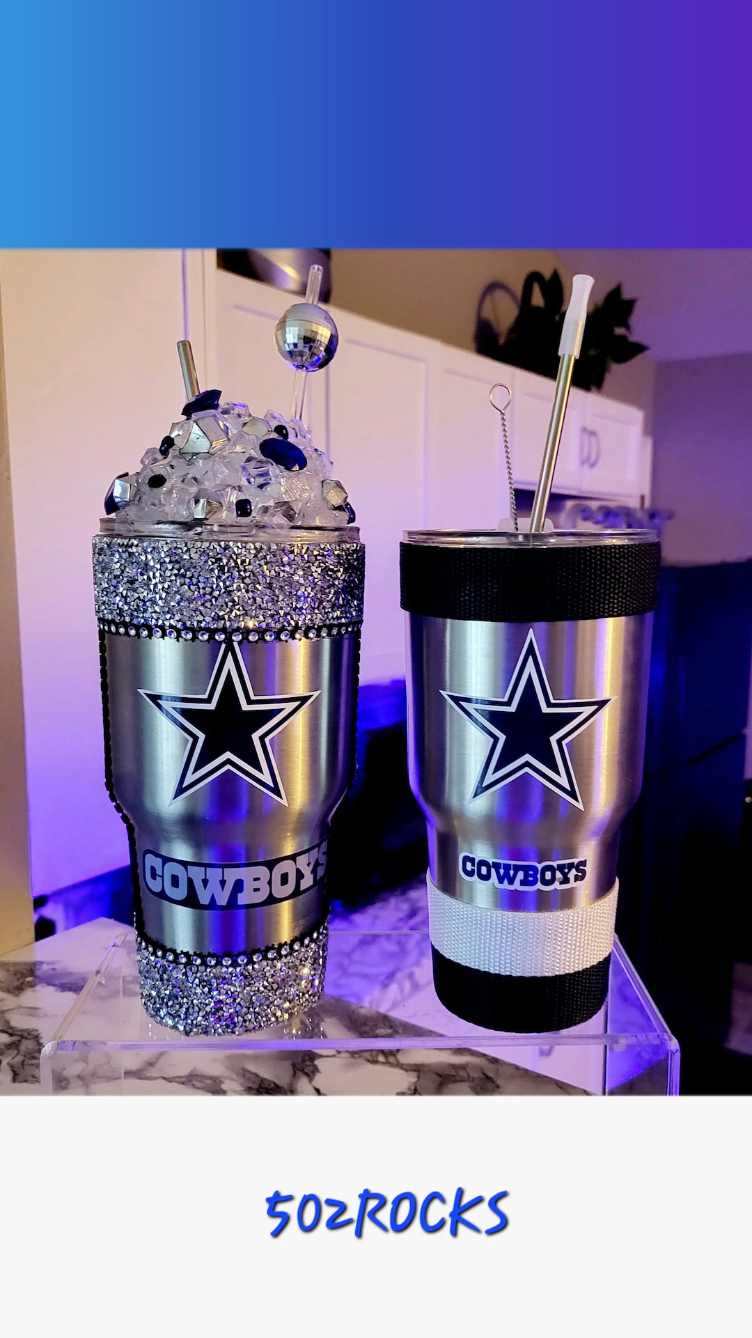 Blue & Silver crushed Ice BLING Football Tumbler. Led Light - Etsy