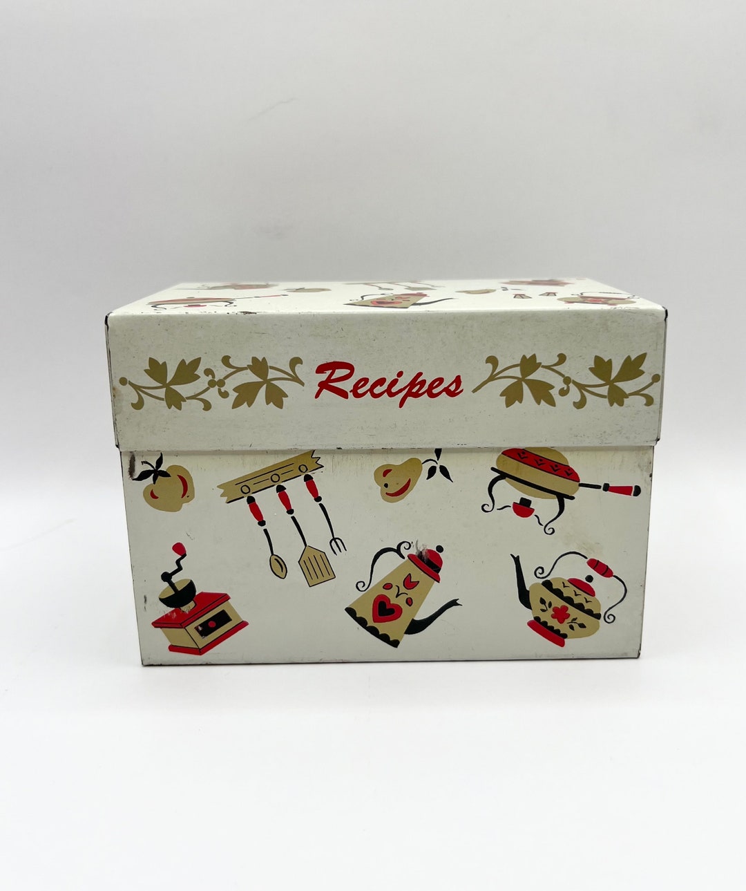 Vintage Metal Recipe Box With Kitchen Utensils Design With Hinged Lid ...