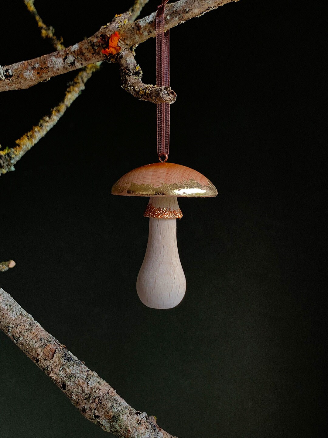 Handmade Mushroom Christmas Tree Ornament - Wooden Mushroom With Gold ...
