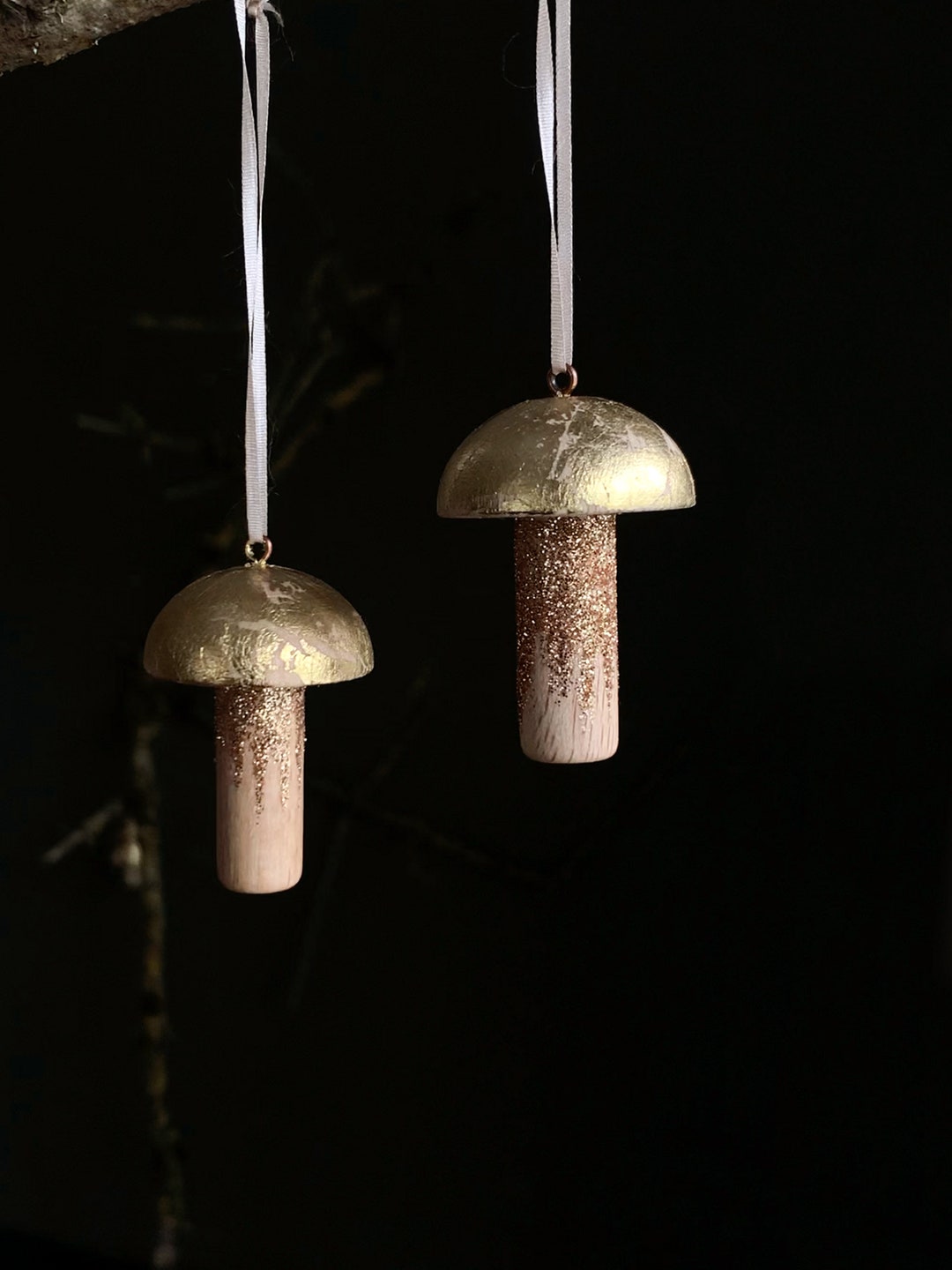 Set of 2 Handmade Mushroom Christmas Tree Ornaments - Wooden Mushroom ...