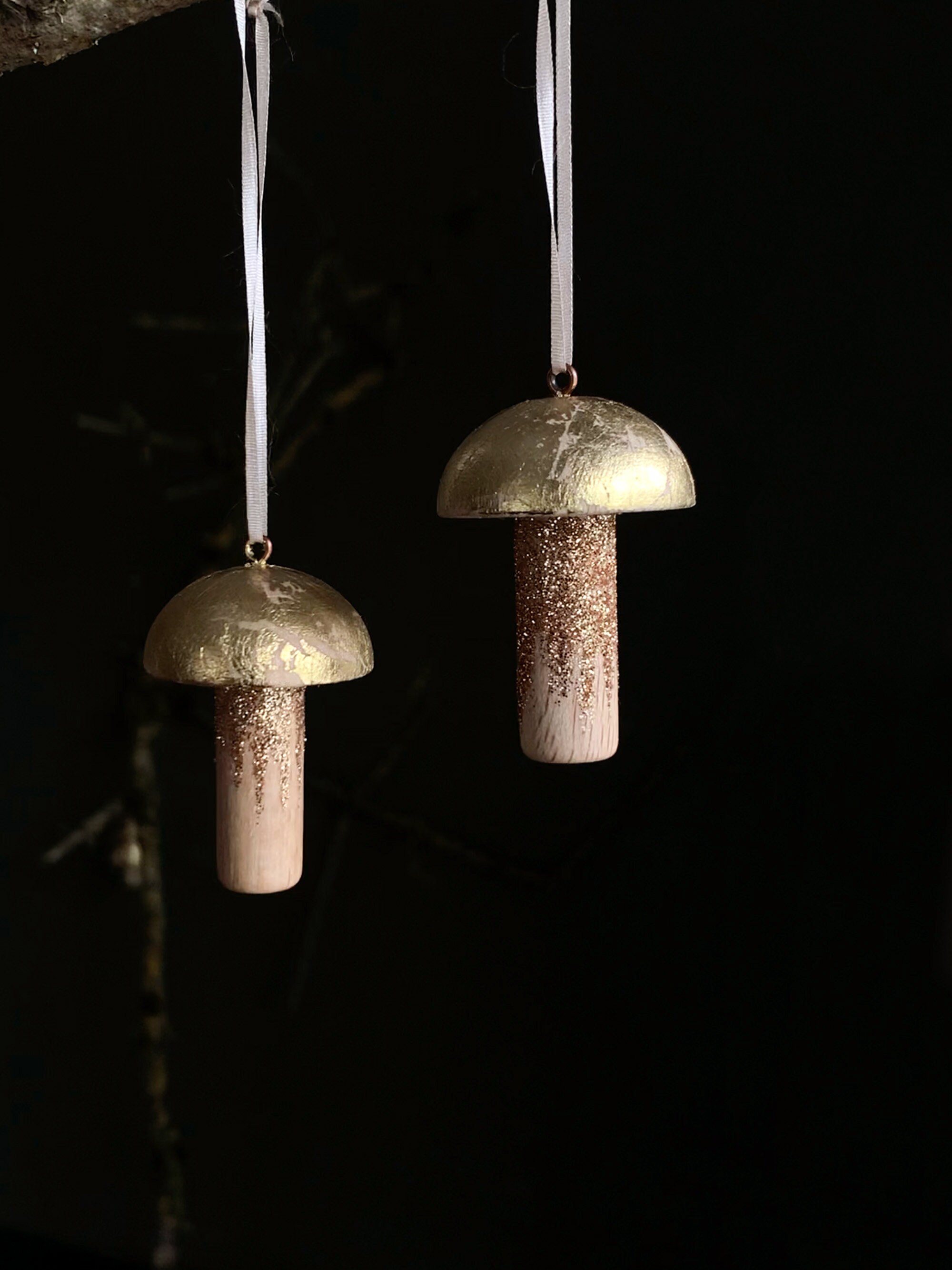 Set of 2 Handmade Mushroom Christmas Tree Ornaments - Wooden Mushroom ...