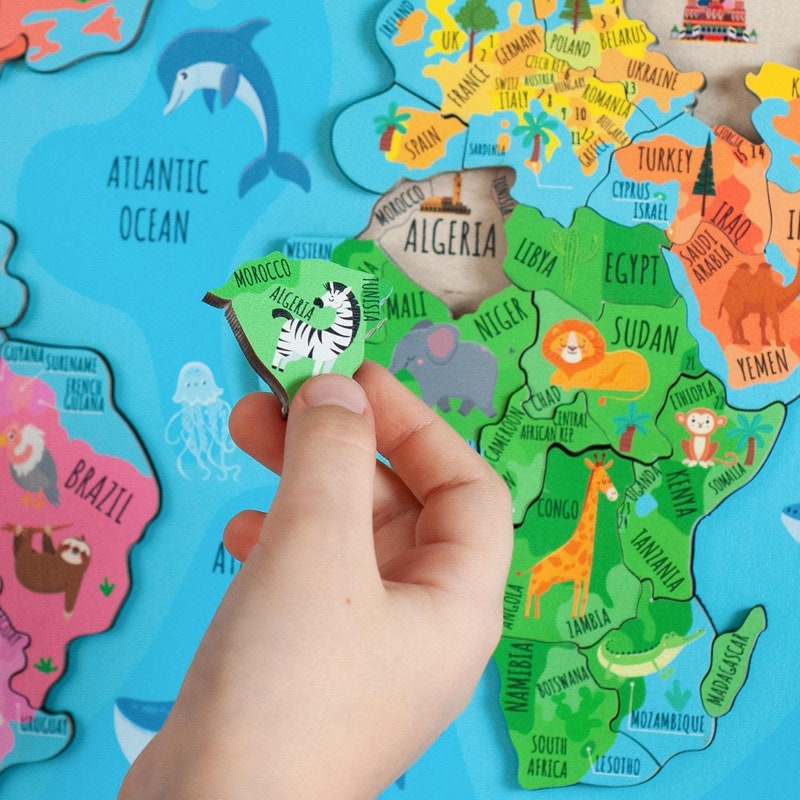 Wooden World Map With Blue - Etsy