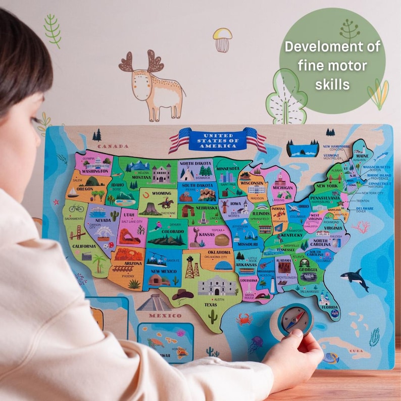 United States Map Wooden Puzzle for Kids Educational Geography Game 4 ...