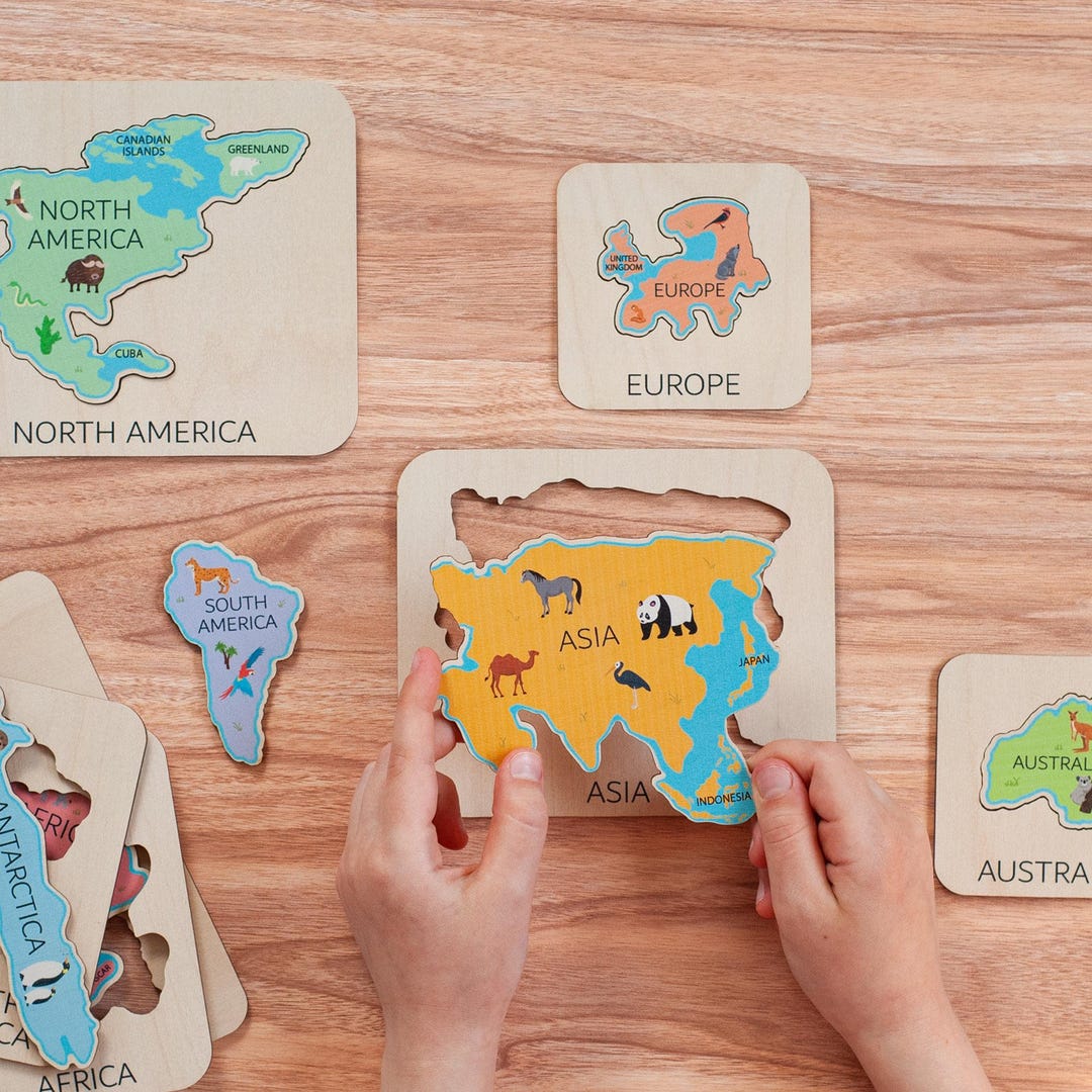 Montessori Continent Puzzle: Wooden World Map Learning Toy for Children ...