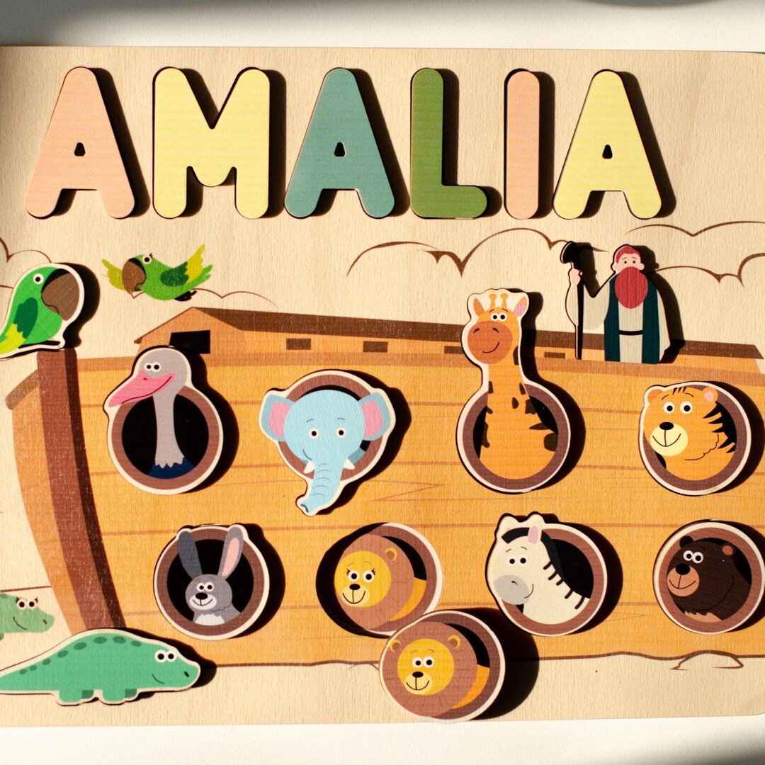Personalized Noah's Ark Name Puzzle Board Kids Bible Study Wooden ...