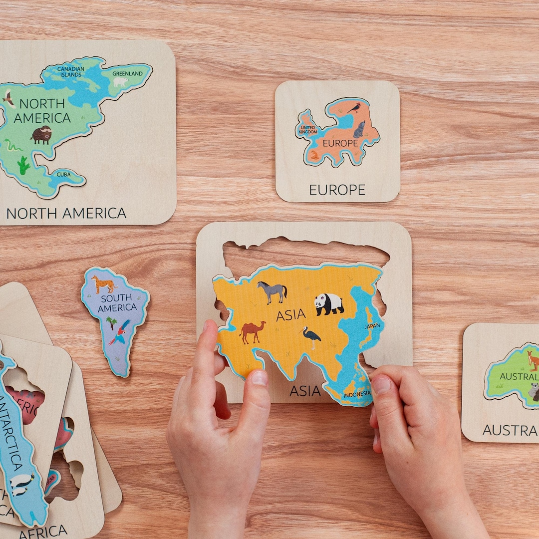 Toddler Gifts Wooden World Map Puzzle for Kids Montessori Learning ...