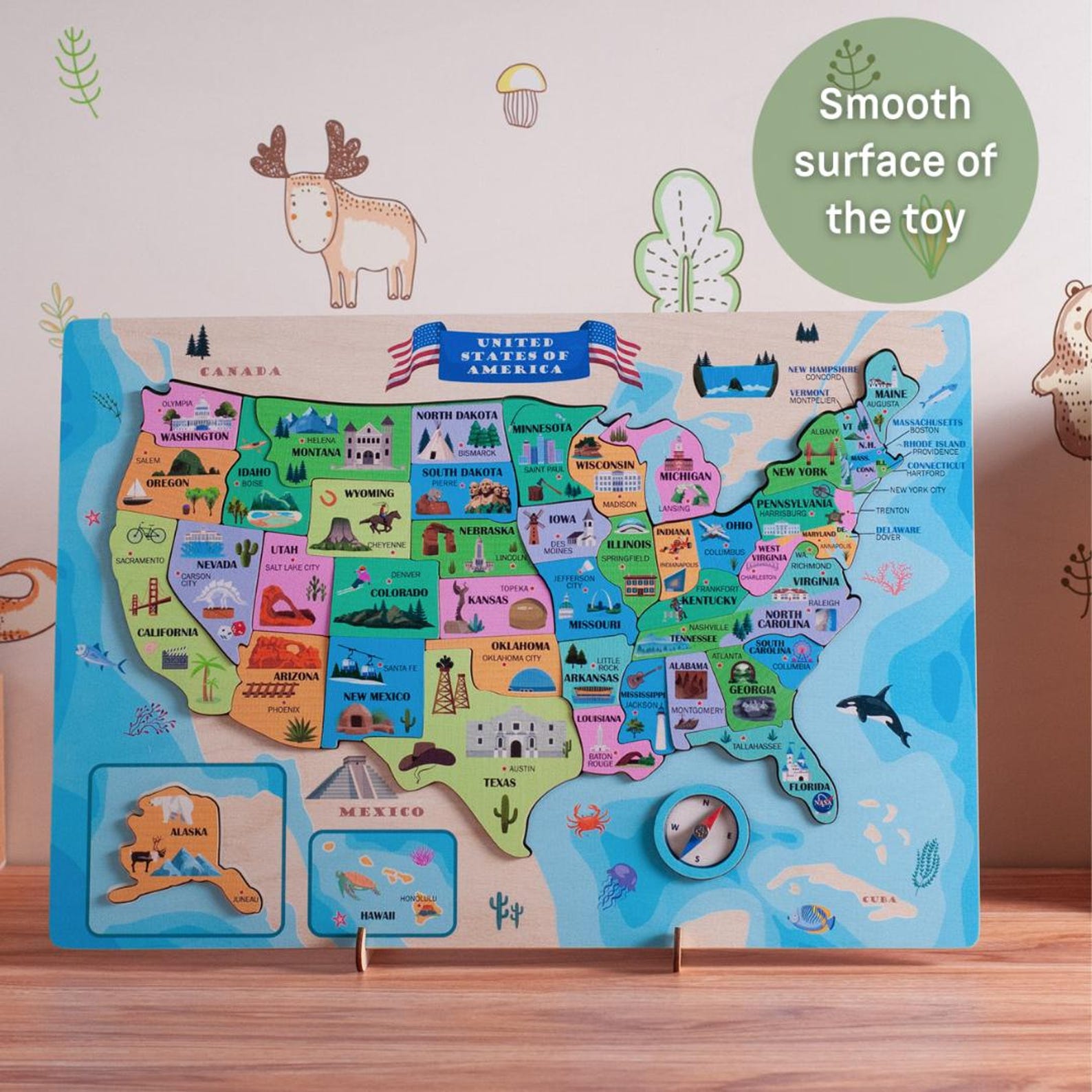 United States Map Wooden Puzzle for Kids Educational Geography Game 4 ...