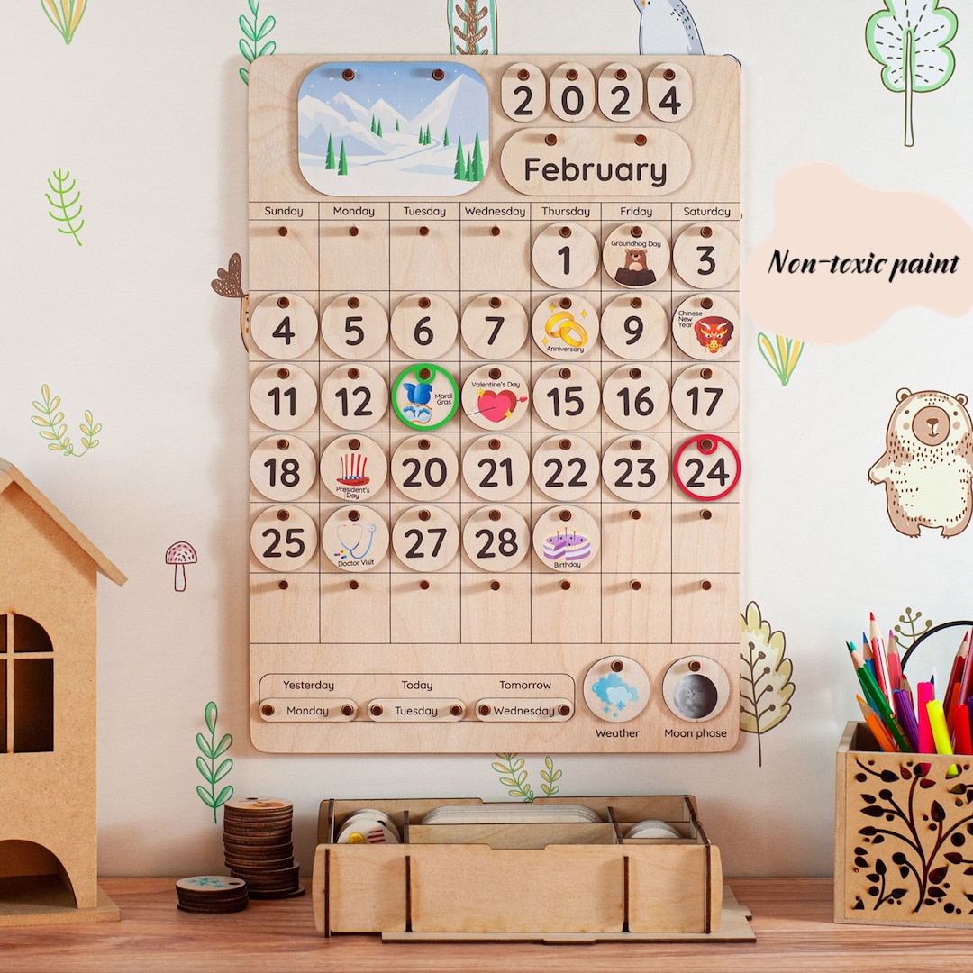 Educational Toys Wooden Montessori Calendar 2026 Kids Room Decor First ...