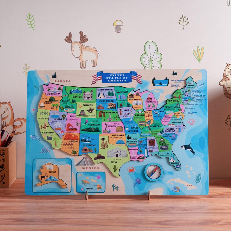 United States Map Wooden Puzzle for Kids Educational Geography Game 4 ...
