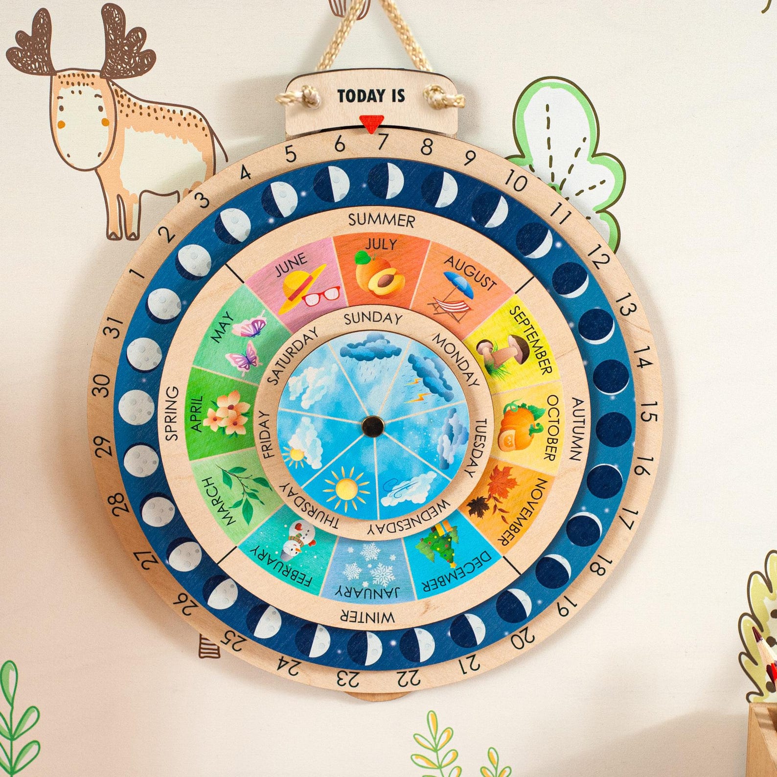 Moon Phases Calendar Wooden Preschool Calendar for Kids Wheel of the ...