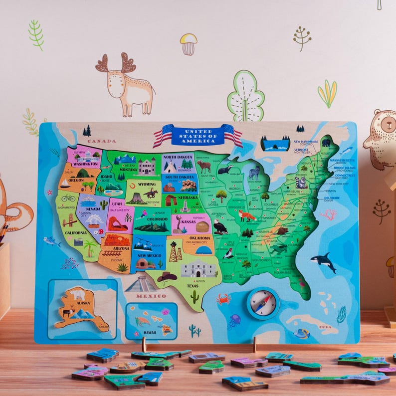 United States Map Wooden Puzzle for Kids Educational Geography Game 4 ...