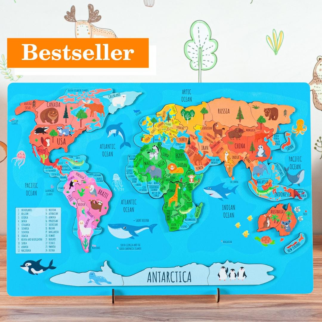 Jigsaw Puzzle Wooden World Map Puzzle for Kids Montessori Geography ...